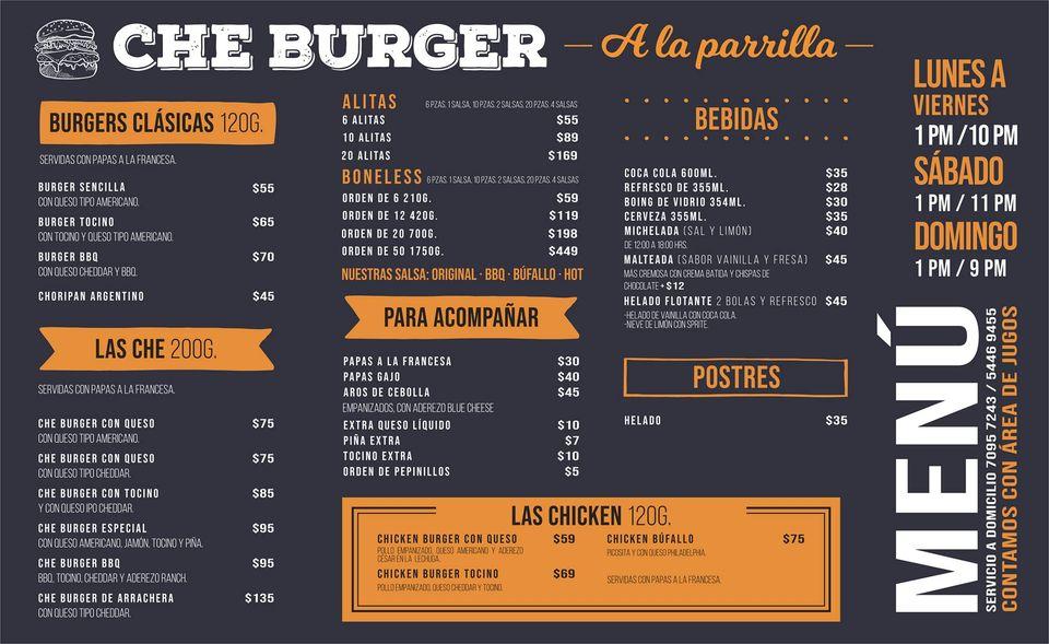 Menu at CHE Burger restaurant, Mexico City