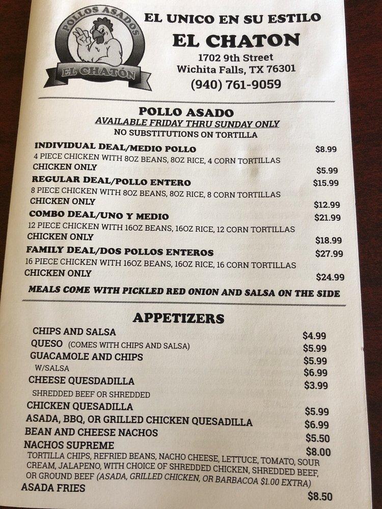 Menu at El Chaton restaurant, Wichita Falls