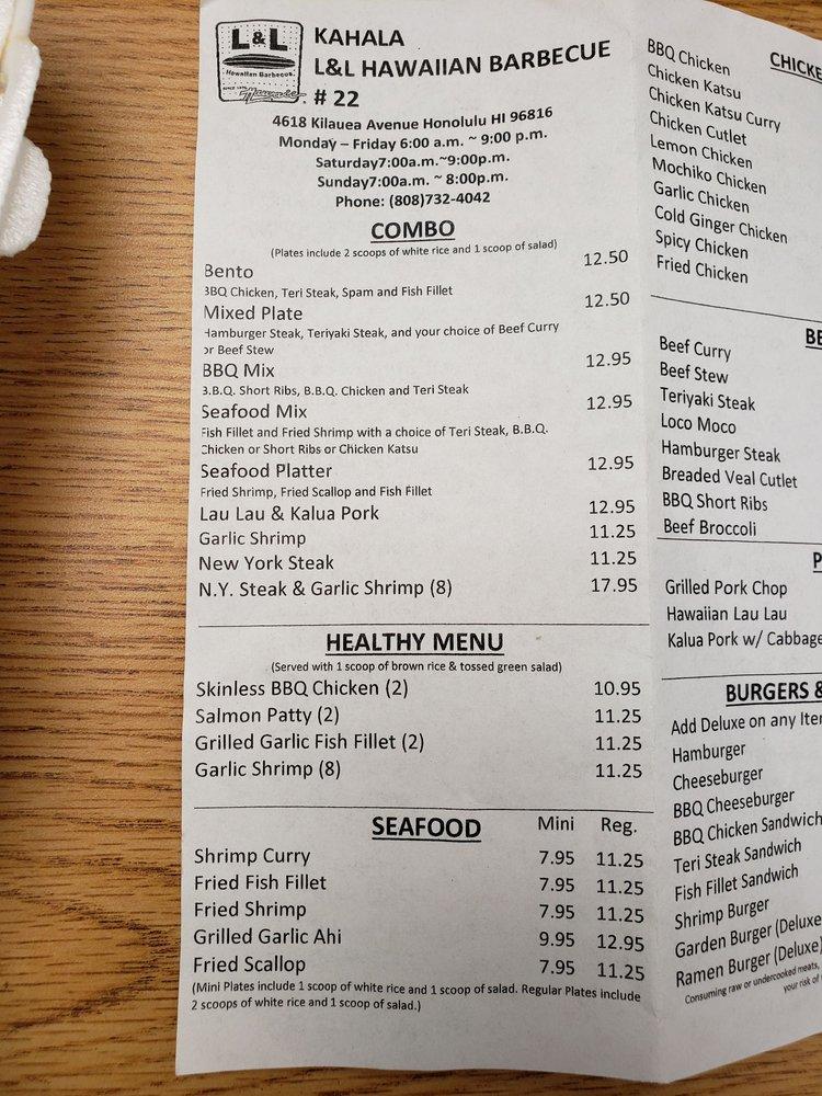 Menu at Kahala L&L Hawaiian Barbecue, Honolulu, Kilauea Ave
