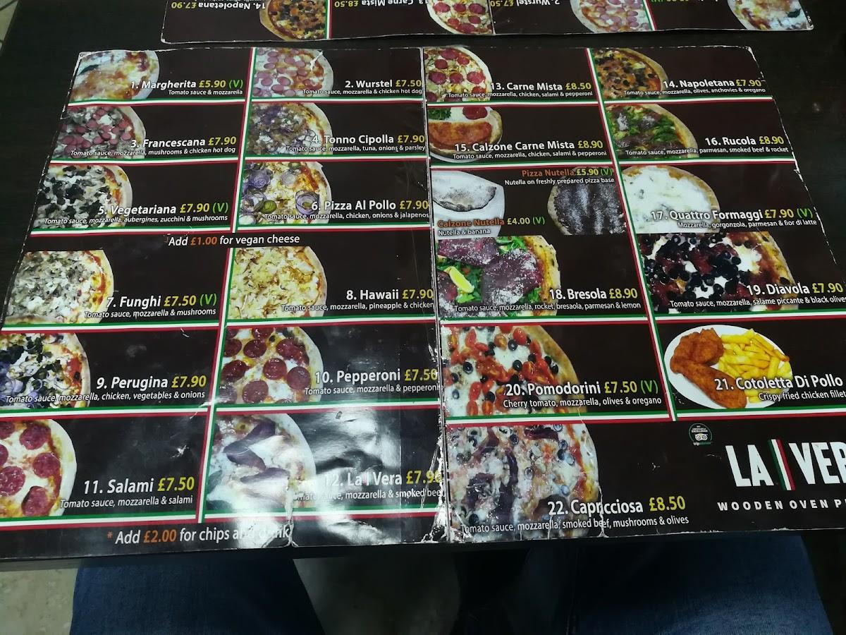 Menu at La Vera pizzeria, Birmingham
