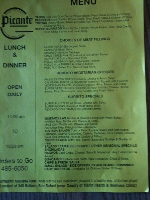 Menu at Picante restaurant, San Rafael