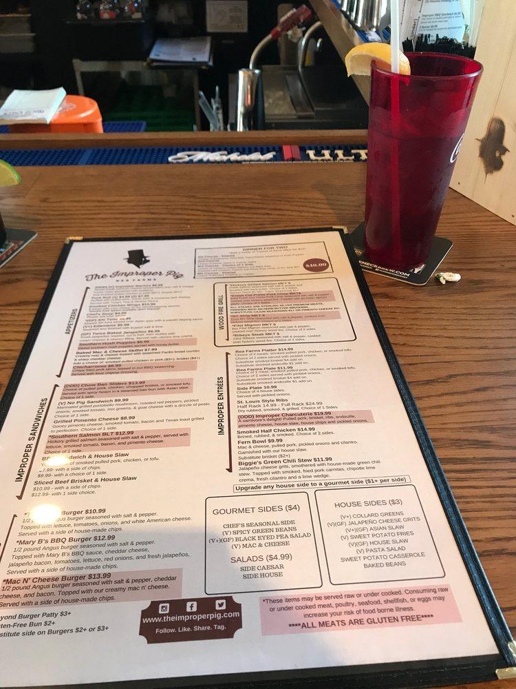 Menu at The Improper Pig @ Rea Farms BBQ, Charlotte, Sandy Rock Pl A