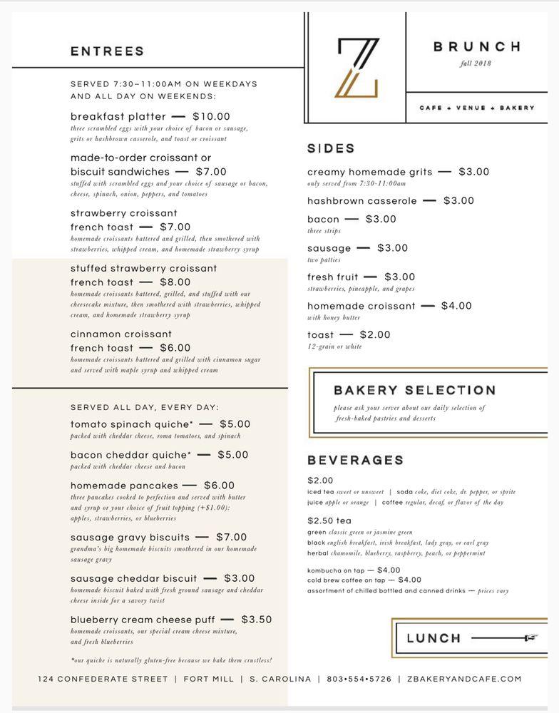 Menu at Z Bakery and Cafe, Fort Mill