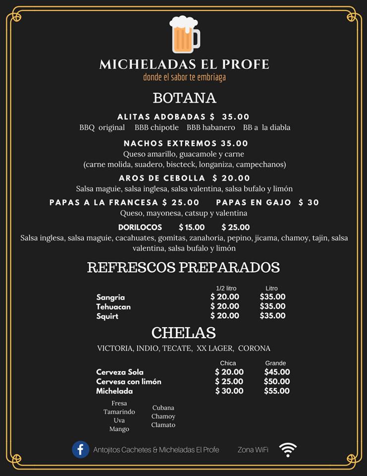 Menu at Antojitos Cachetes & Micheladas El Profe pub & bar, Mexico City