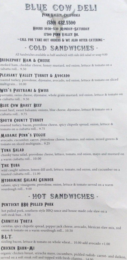 Menu at Blue Cow Deli restaurant, Penn Valley