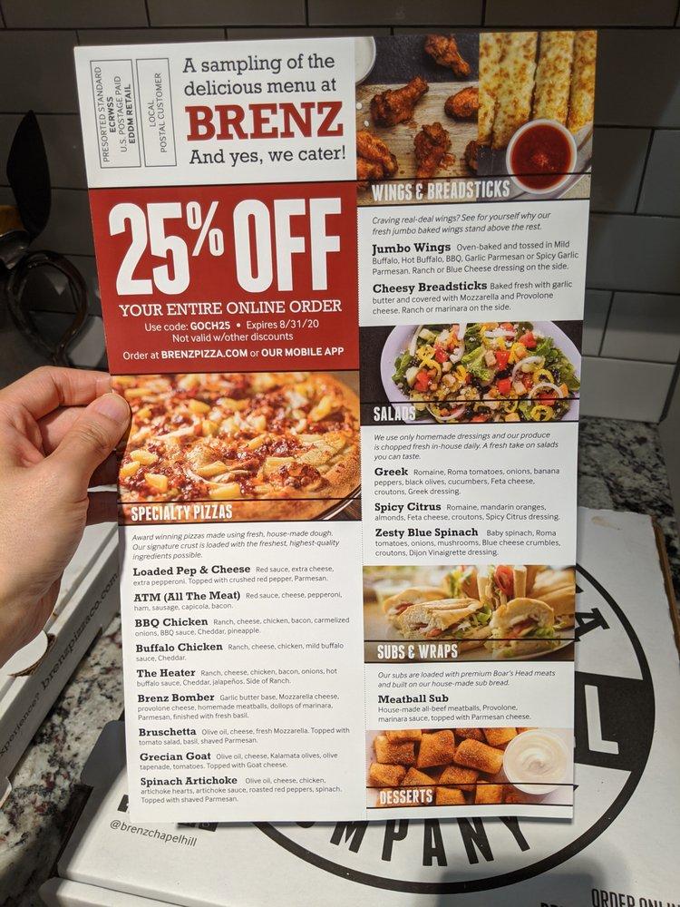 Menu at Brenz Pizza Co. Chapel Hill pizzeria, Chapel Hill
