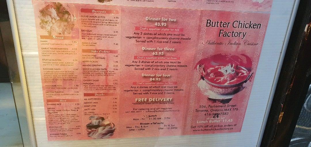 Menu at Butter Chicken Factory restaurant, Toronto