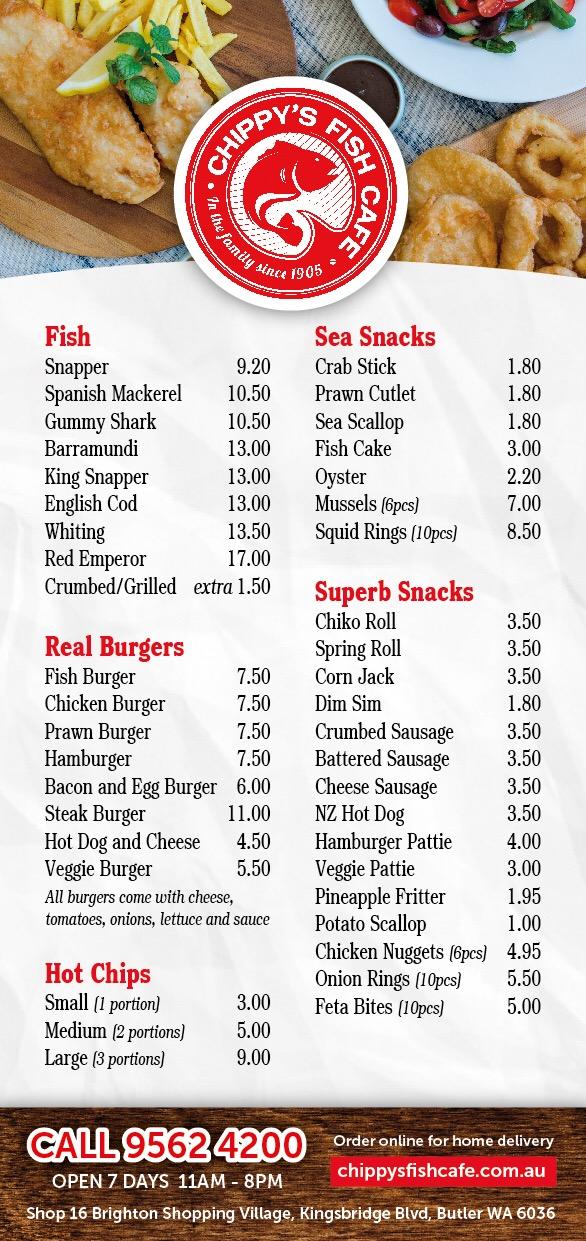 Menu at Chippy's Fish Cafe BUTLER, Butler, Shop 16 Brighton Shopping ...
