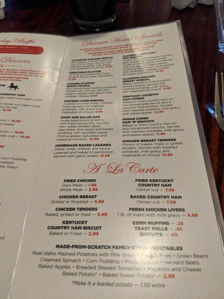 Menu at Claudia Sanders Dinner House restaurant, Shelbyville