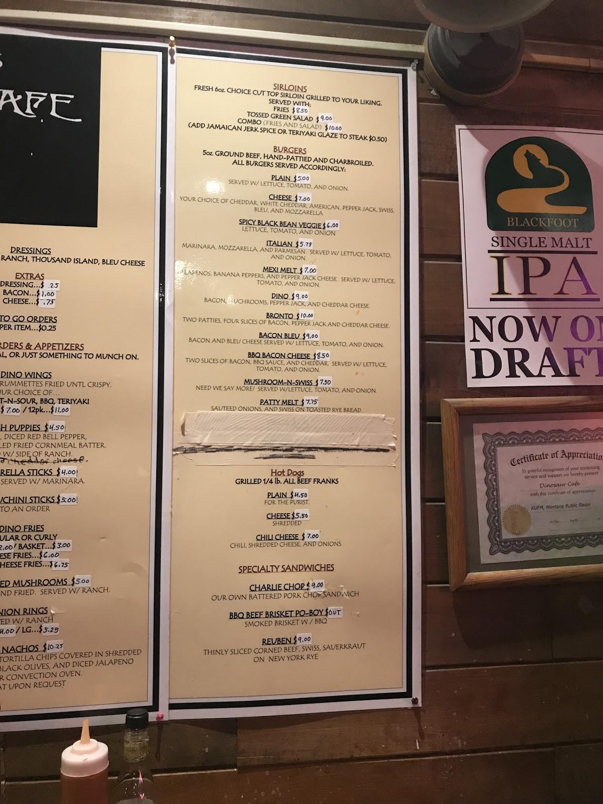 Menu at Dinosaur Cafe, Missoula