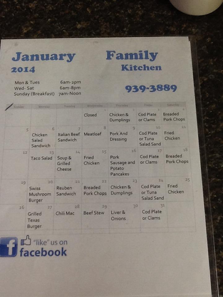 Menu at Family Kitchen restaurant, Waterloo