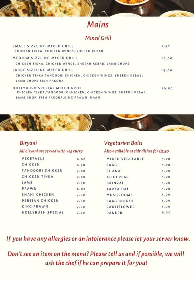 Menu at Hollybush pub & bar, Coventry, 270 Holbrook Ln