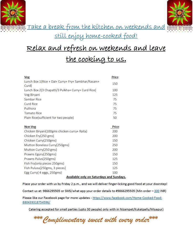 Menu at Home Cooked Food, Hyderabad