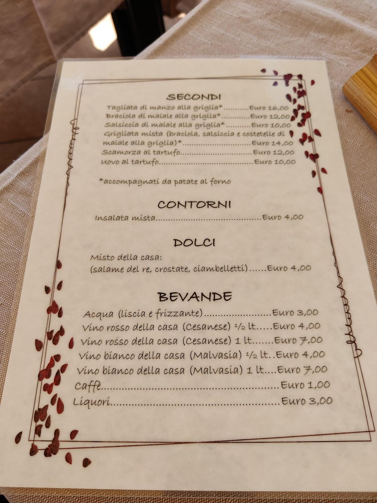 Menu da Il Tartufo panoramico ristorante, Subiaco, Contrada la secca