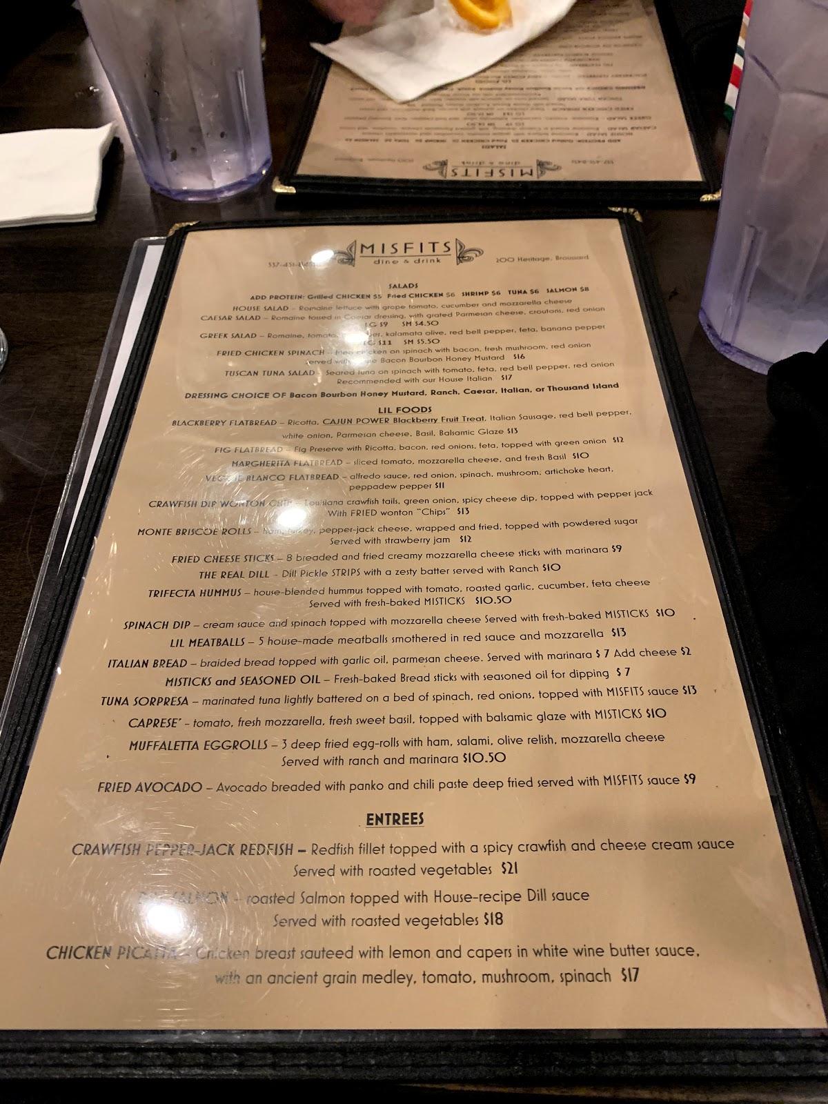 Menu at Misfits Dine & Drink pub & bar, Broussard