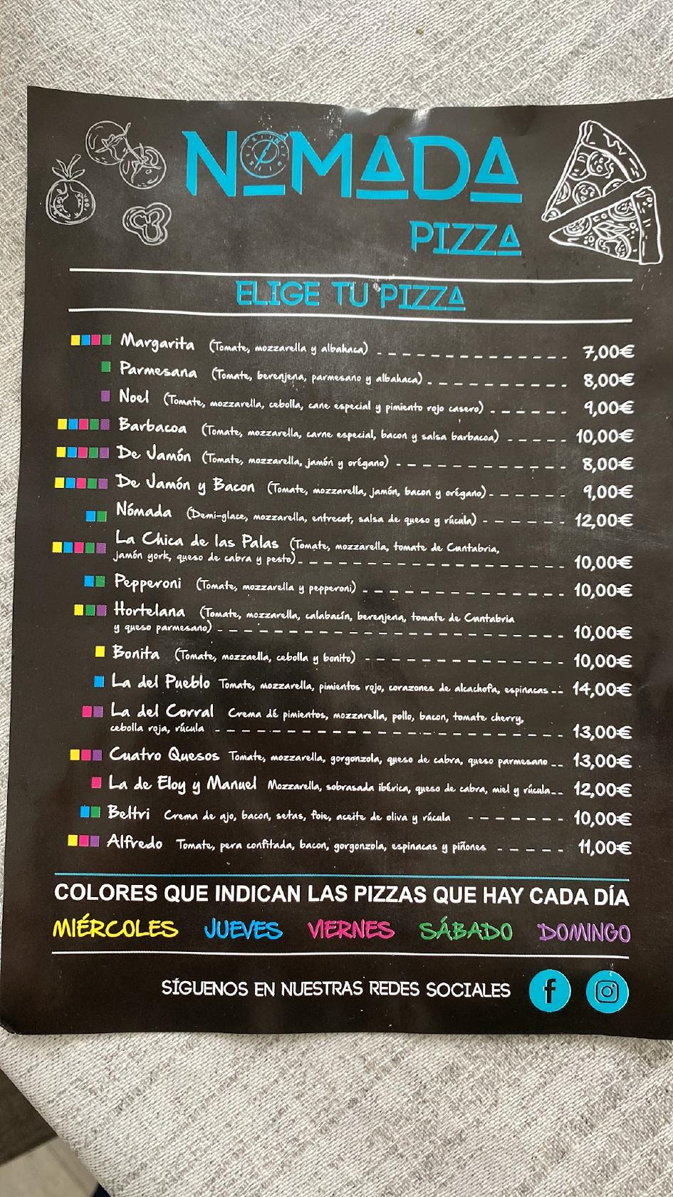 Carta del restaurante Nómada pizza, Liencres