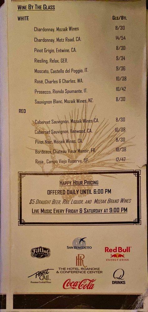 Menu at The Pine Room at Hotel Roanoke pub & bar, Roanoke