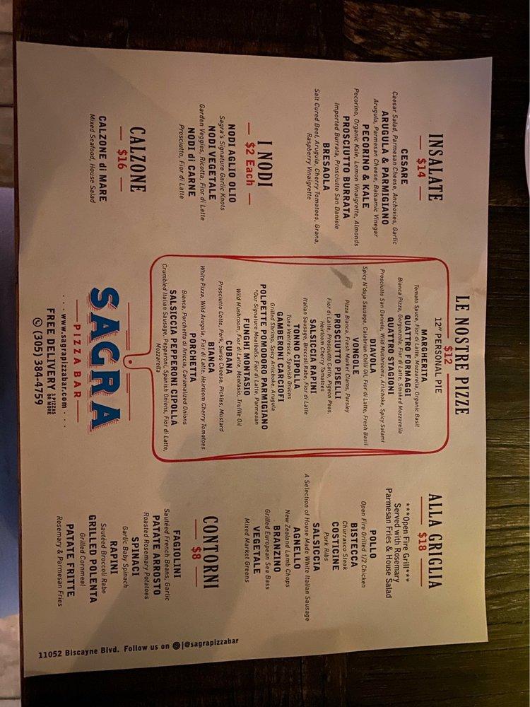 Menu at Sagra Pizza Bar, Miami