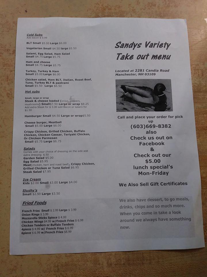 Menu at Sandy's Variety & Sub Shop restaurant, Manchester