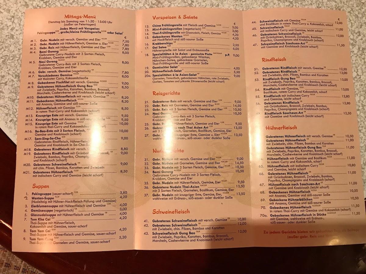 Menu au Thai Asien restaurant, Engen