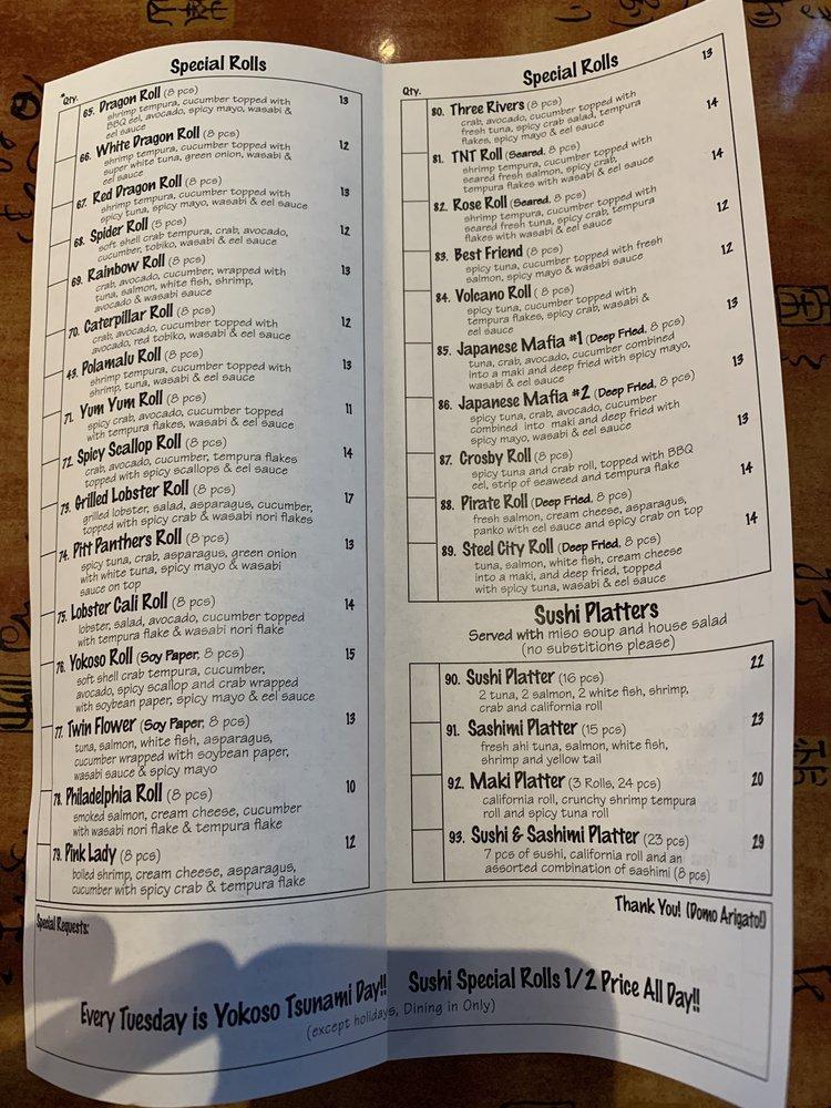 Menu at Yokoso Japanese Steak House restaurant, Homestead