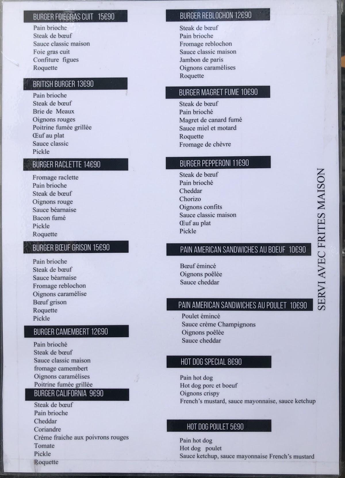 Menu at Burger Lutéce restaurant, Paris