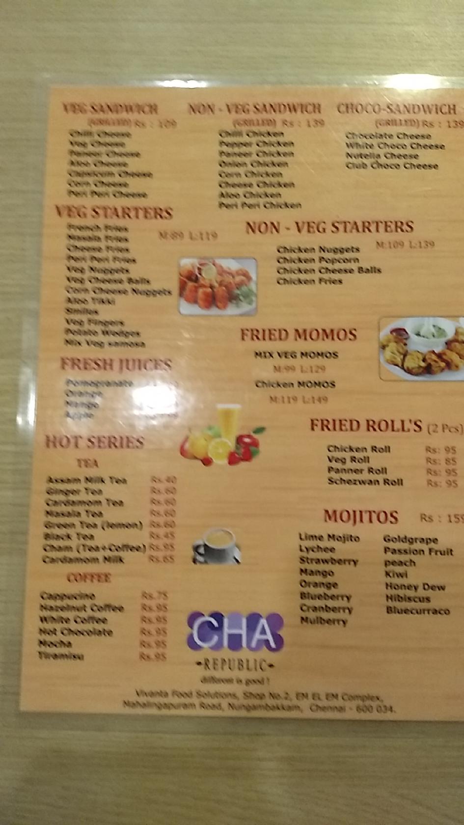 Menu at CHA Republic, Chennai, Shop No. 5