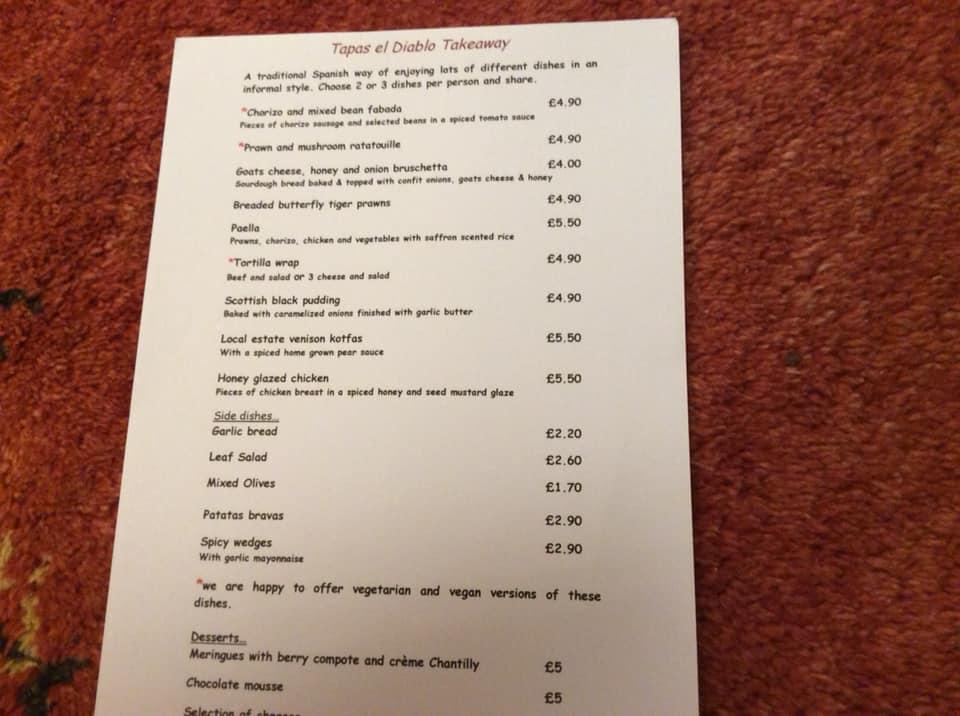 Menu at Deils Cauldron restaurant, Comrie
