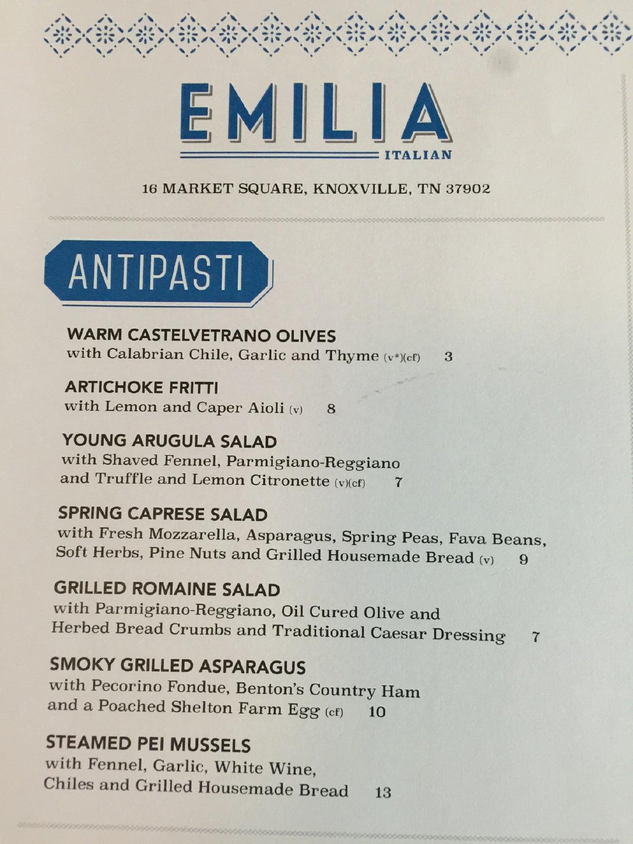 Menu at Emilia restaurant, Knoxville