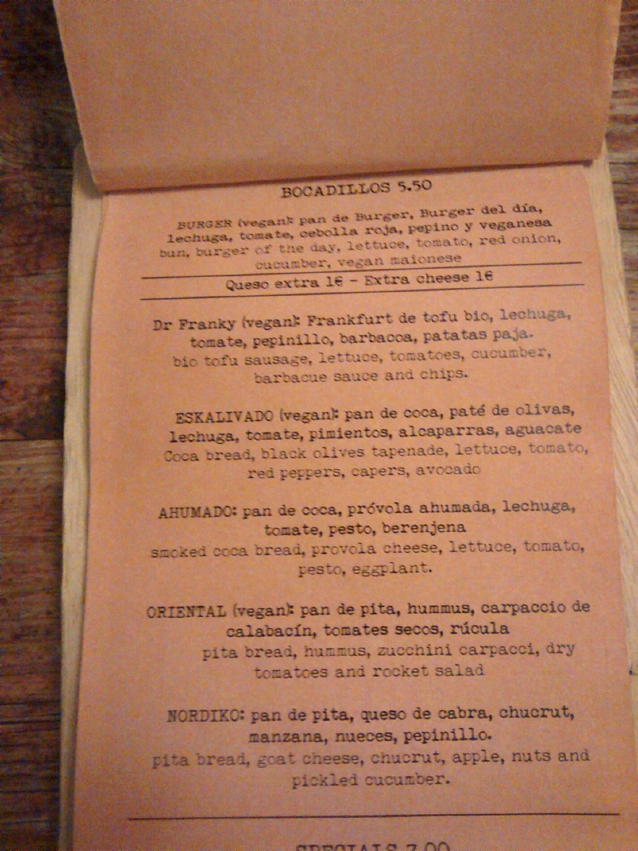 Menu at Quinoa Bar Vegetarià, Barcelona