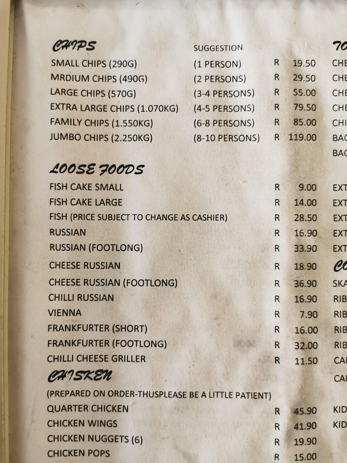 Menu at Slap Chips restaurant, Vanderbijlpark