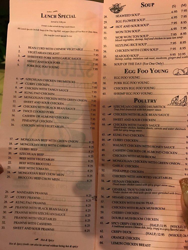 Menu at Szechuan Chinese Cuisine restaurant, Vallejo