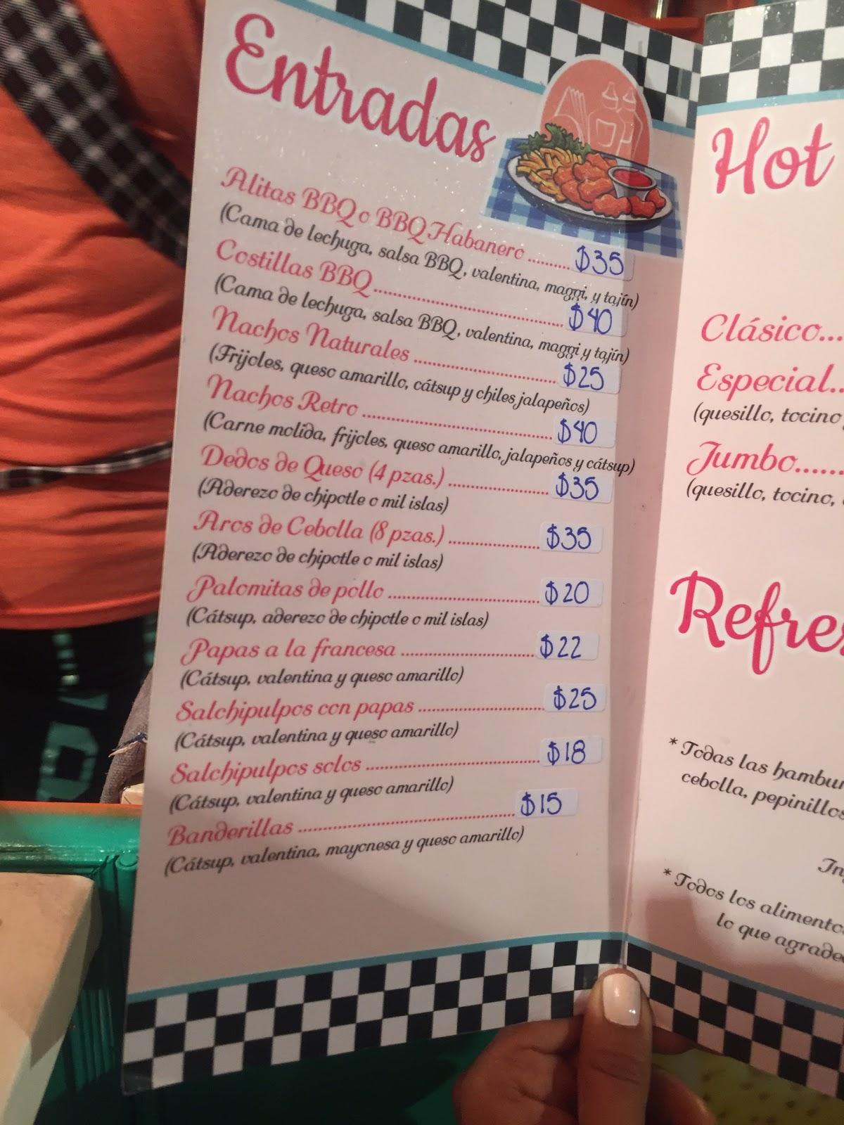 Menu at The Fifties restaurant, Mexico, José María Roa Bárcenas 214