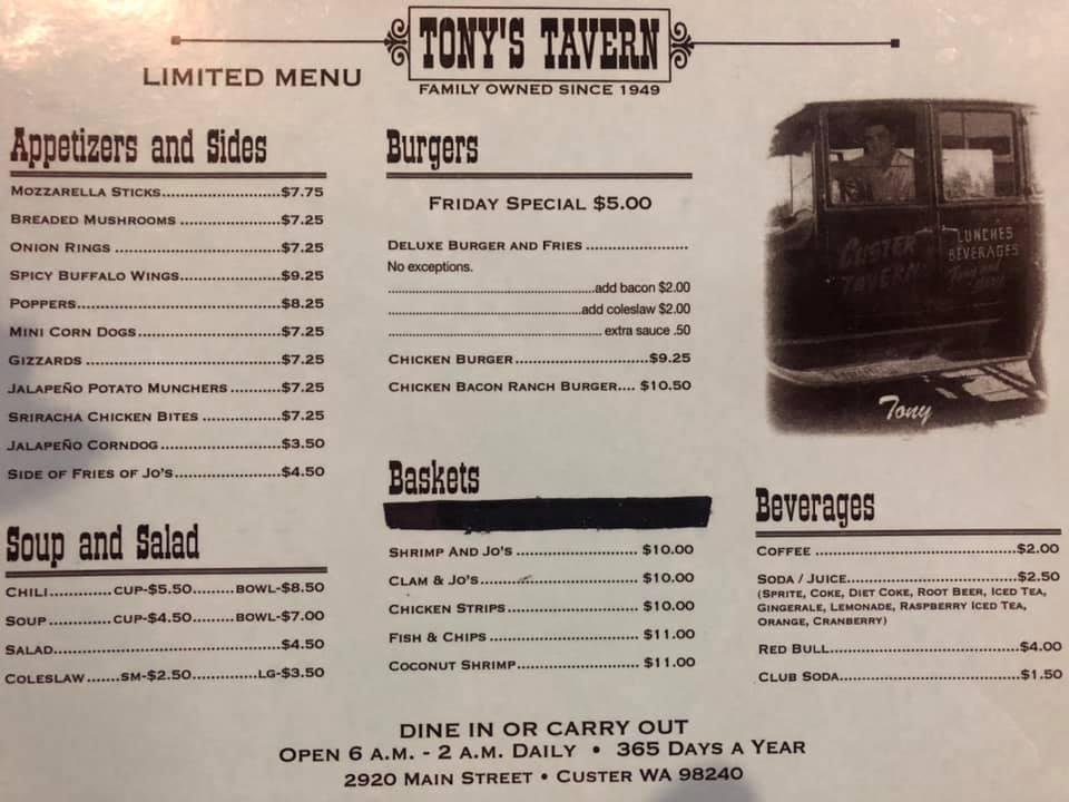 Menu at Tony's Tavern pub & bar, Custer, Main St
