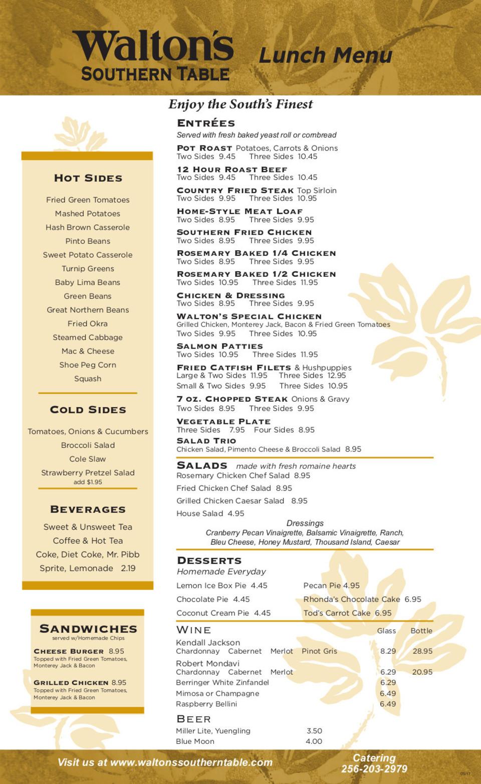Menu at Walton's Southern Table restaurant, Huntsville