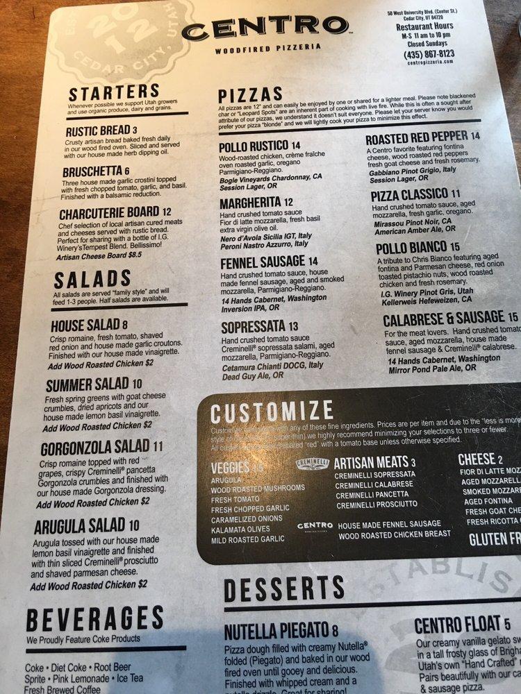 Menu at Centro Woodfired Pizzeria, Cedar City