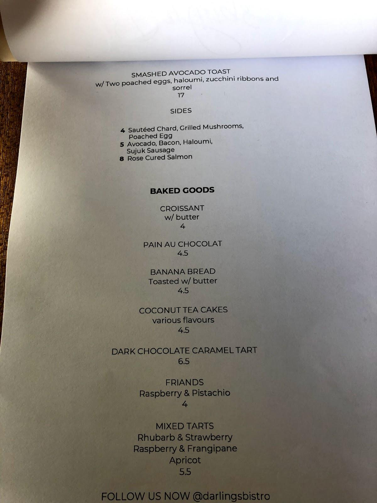 Menu at Darlings Bistro cafe, Rozelle, 612 Darling St