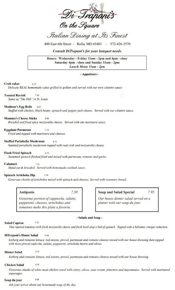 Menu at Di Trapani's Italian Bistro restaurant, Rolla