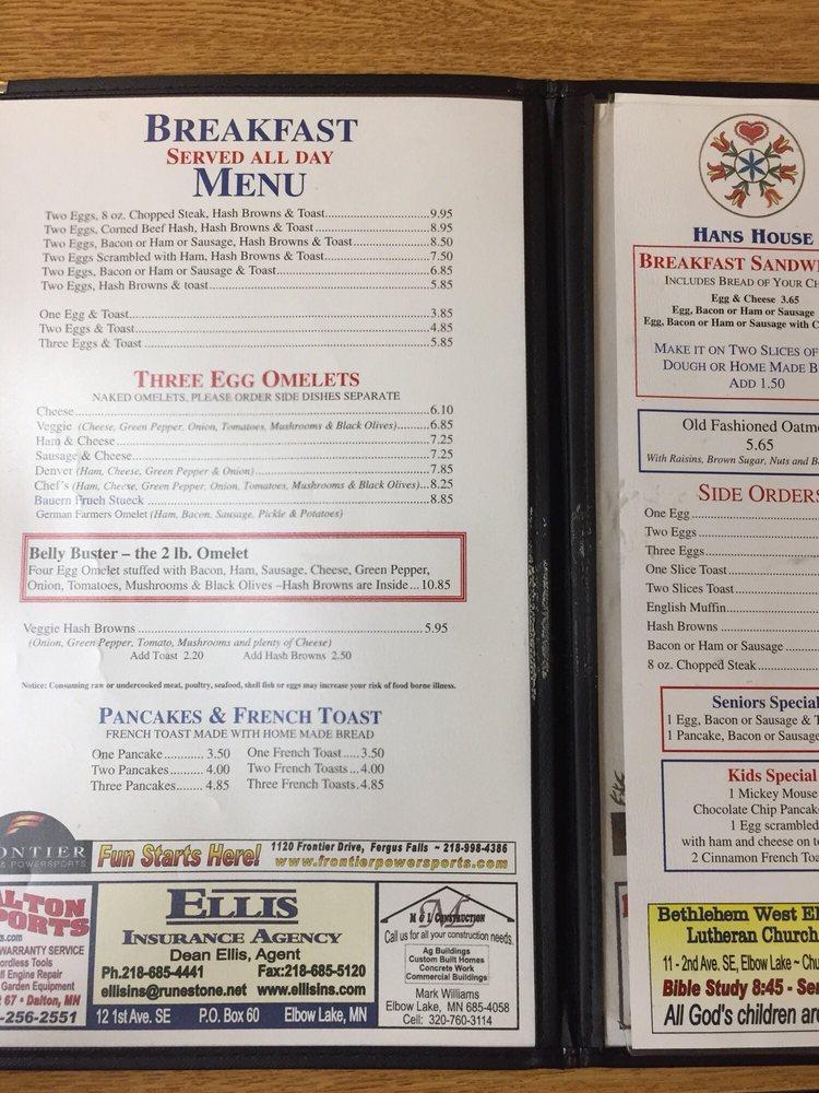 Menu at Hans House cafe, Elbow Lake