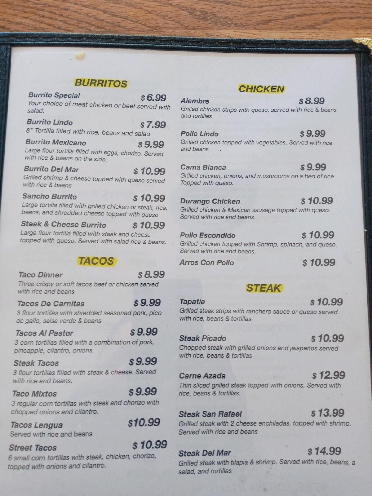 Menu at Lindo Veracruz restaurant, Chelsea