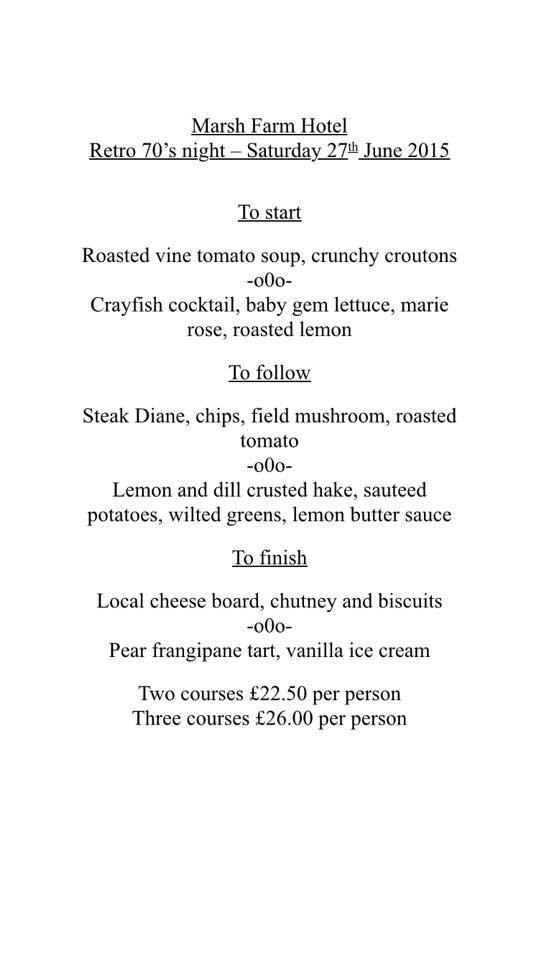 Menu at The Glasshouse Restaurant at Marsh Farm Hotel, Swindon