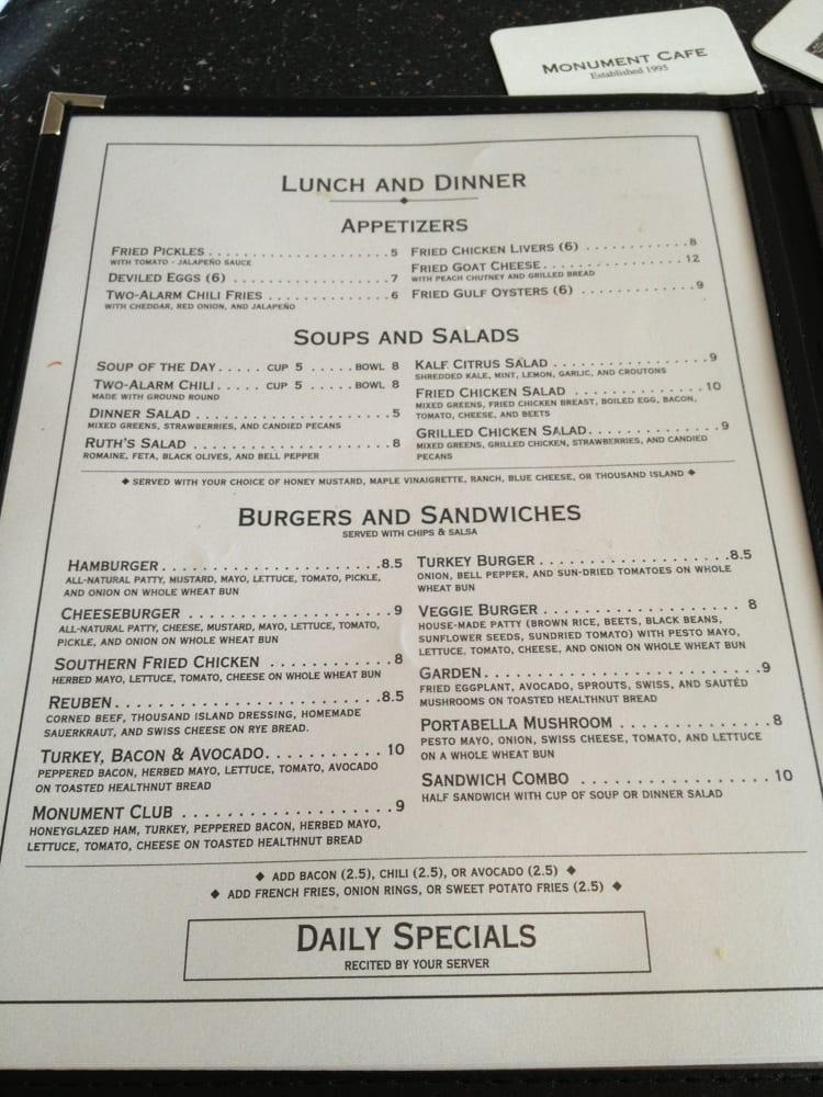 Menu at Monument Cafe, Georgetown, 500 S Austin Ave
