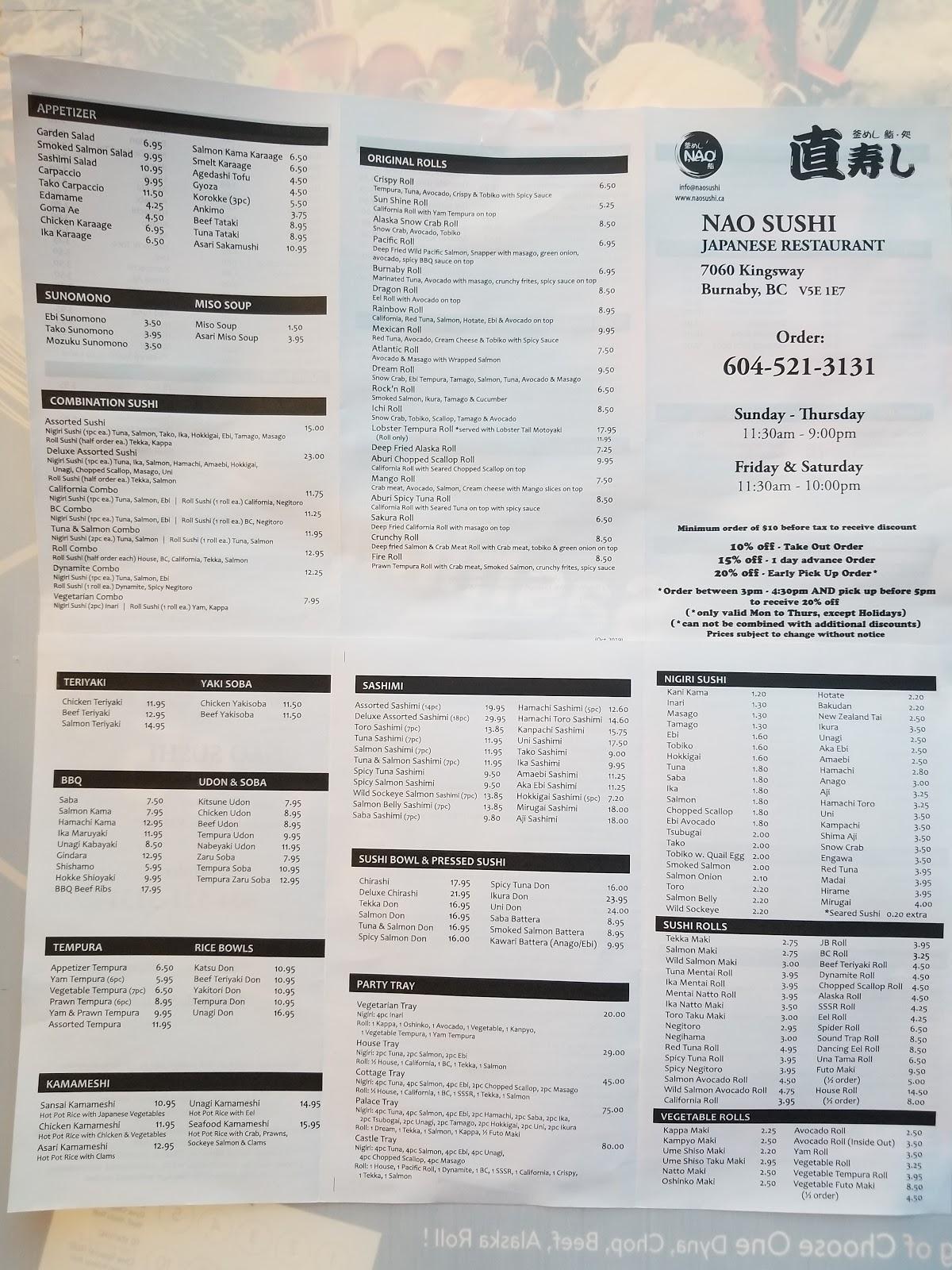 Menu at Nao Sushi restaurant, Burnaby, Kingsway