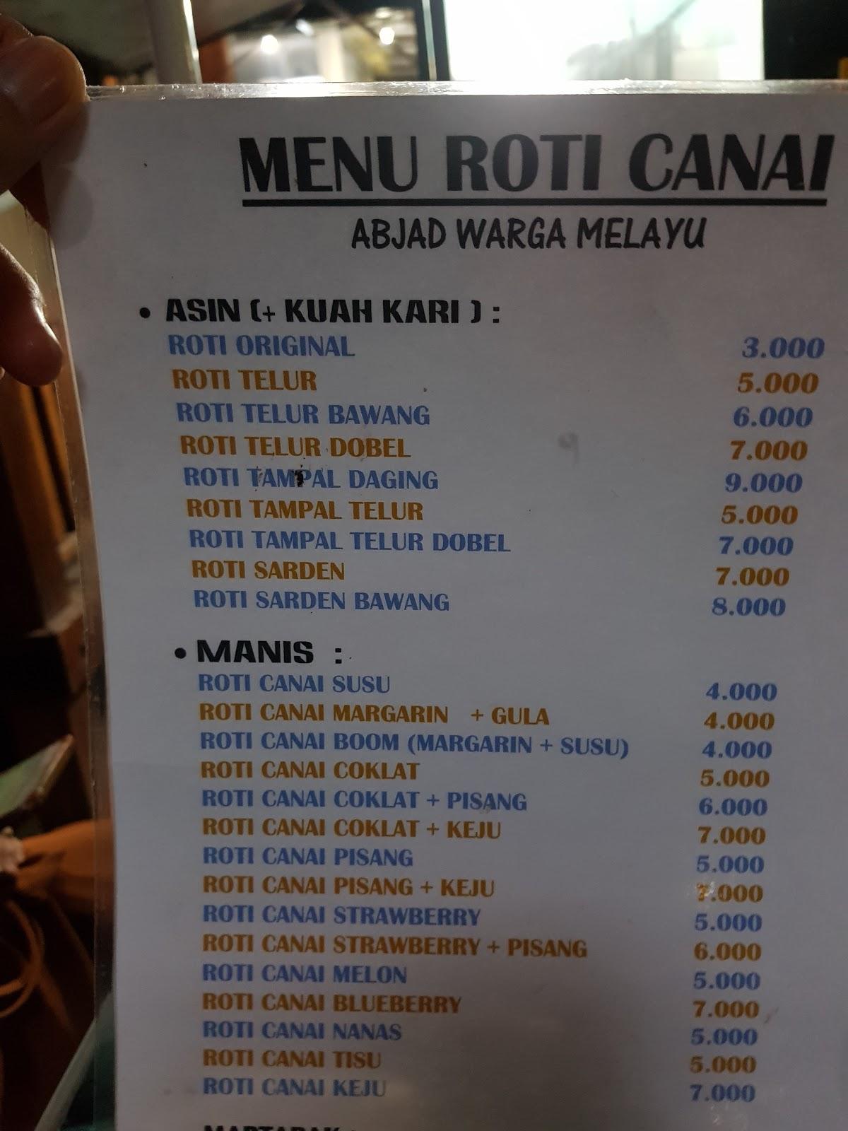Menu at ROTI CANAI ABJAD WARGA MELAYU restaurant, Kademangan
