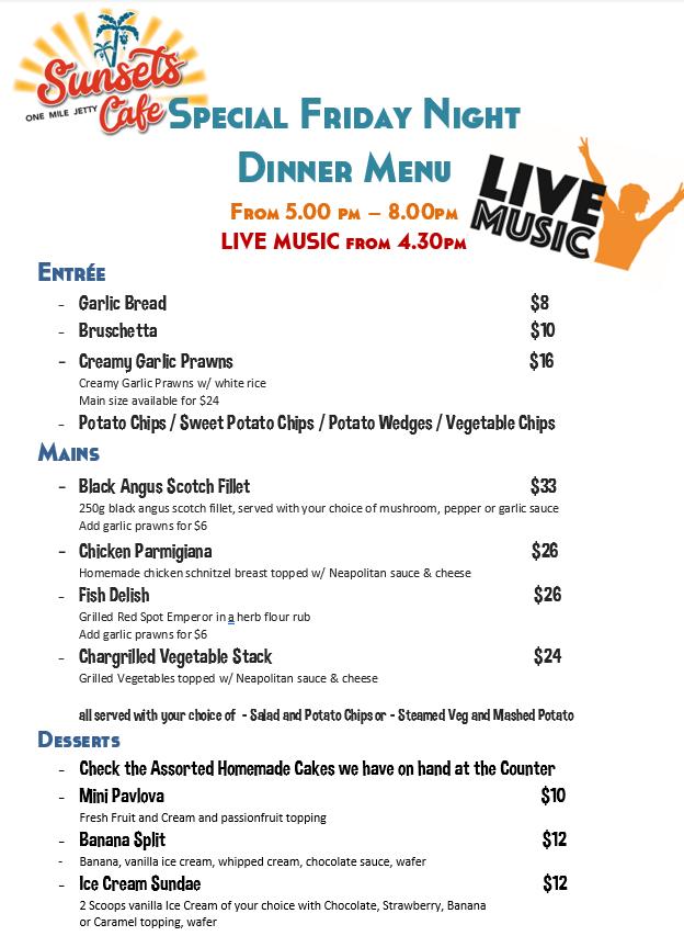 Menu at Sunsets Cafe, Carnarvon