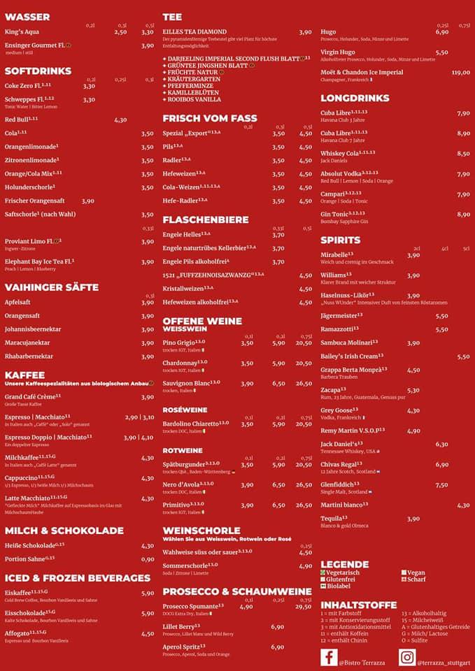 Menu at Terrazza restaurant, Stuttgart, Königstraße 28