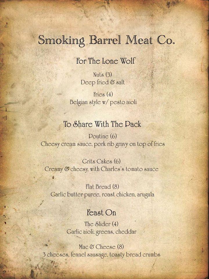 Menu at The Smoking Barrel, San Francisco