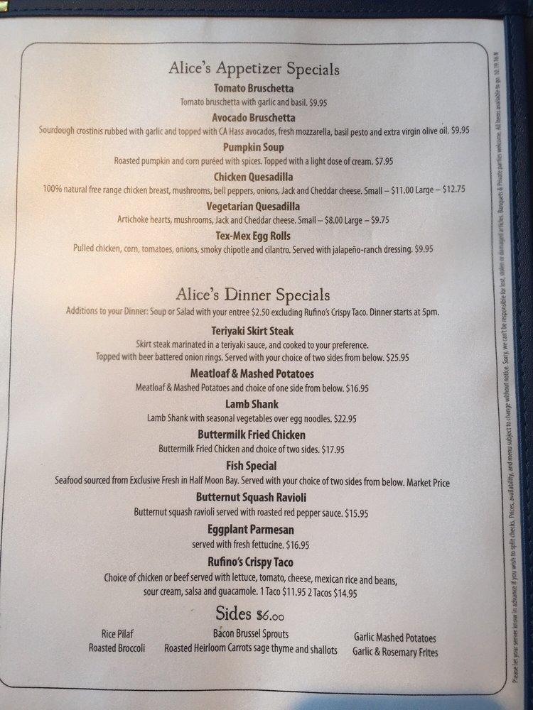 Menu at Alice's Restaurant, Woodside, Skyline Blvd