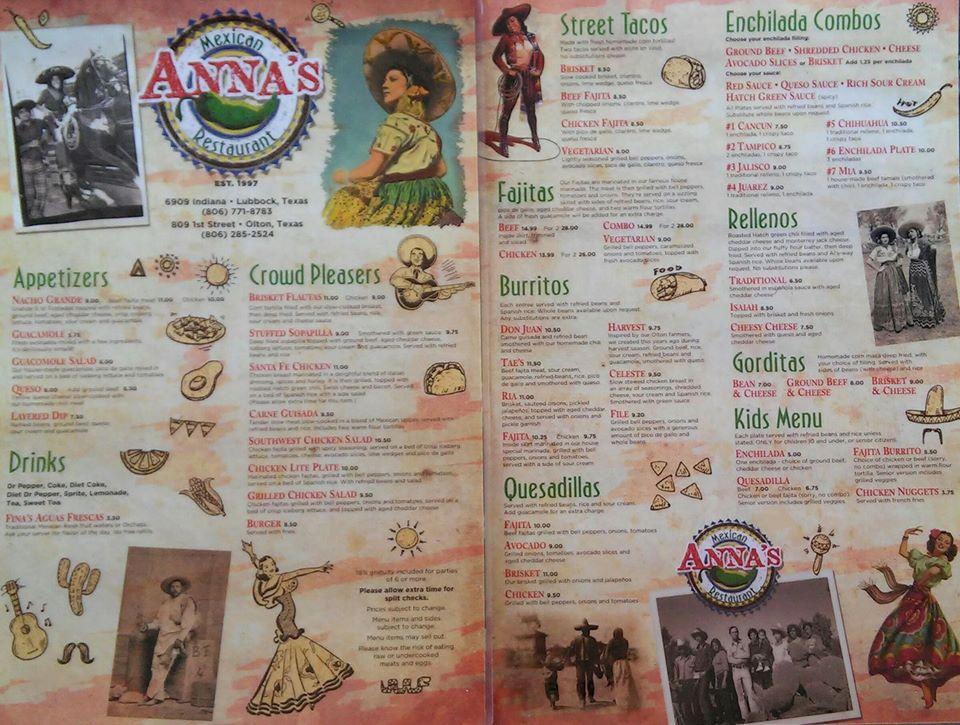 Menu at Anna's Mexican Restaurant, Lubbock