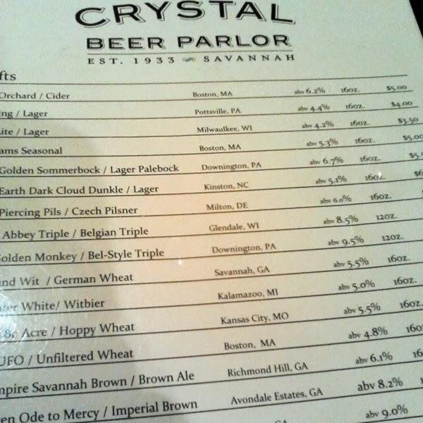 Menu at Crystal Beer Parlor pub & bar, Savannah